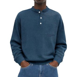 Generic Polo gaufr&eacute; pour homme avec poche de poitrine et col rond - T-shirt Henley grande taille - T-shirt &agrave; bouton 1/4 - Coupe confortable - Couleur unie - P