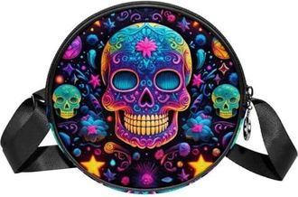 Generic Sac &agrave; bandouli&egrave;re rond pour femme, motif t&ecirc;te de mort fluo, petit sac &agrave; bandouli&egrave;re avec fermeture &eacute;clair, bretelles r&eacute;glables, sac &agrave; main rond d&eacute;cont