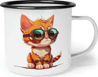 OM3 süße Emaille-Tasse mit Katzenmotiv Katze Kitten Cat II | Emailletasse Emaille Becher | 12oz 300ml | Beidseitig Bedruckt | Weiß-Schwarz