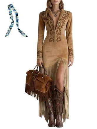 Generic Robe longue midi &agrave; franges en daim synth&eacute;tique avec imprim&eacute; floral pour femme, style western cowgirl vintage, fermeture &eacute;clair, fente lat&eacute;rale, broder