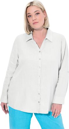 Ulla Popken Damen gro&szlig;e Gr&ouml;&szlig;en &Uuml;bergr&ouml;&szlig;en Plus Size Bluse, Leinen, offener Kragen, Langarm Offwhite 46+ 794882200-46+