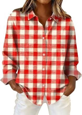 Generic Chemisier &agrave; carreaux pour femme - Boutonni&egrave;re - Manches longues - Bouton Down - F&ecirc;te de la bi&egrave;re - Chemisier 2026 - D&eacute;contract&eacute; - Tendance - Coupe amp