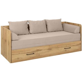 PEGANE Lit canap&eacute; convertible 80-160x200 cm coloris Ch&ecirc;ne wotan avec coffre de rangement, matelas et 3 oreillers Beige - Longueur 200,5 x Profondeur 79/154