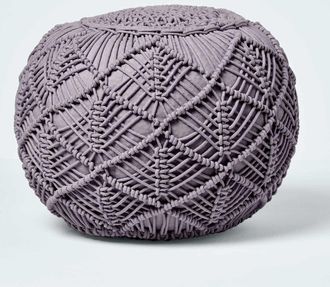 Homescapes Häkel-Pouf, grau, flaches Bodenkissen 40 x 50 cm in Boho Style, bequemer Fußhocker in Makramee-Optik, gehäkelter Puff aus 100% Baumwolle, Häkelpuff/St