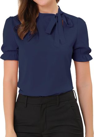 Allegra K Damen 50er Jahre Bluse mit Schleife Schluppenbluse Festliche Blusen Kurzarm Panel Fliege Hals R&uuml;schen Elegant Top DunkelDunkel Blaublau XL
