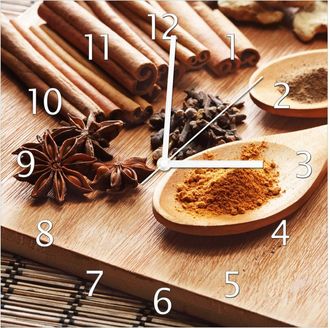 Wallario Design-Wanduhr Kräuter und Gewürze auf Holzlöffeln aus Glas, Motiv-Uhr Größe 30 x 30 cm, weiße Zeiger