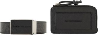Emporio Armani Homme, Sacs, Noir, Taille: ONE Size Coffret cadeau avec ceinture en cuir foulonn&eacute; et porte-cartes