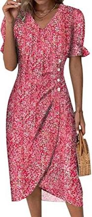 Onsoyours Robes Femme Tunique Cocktail DÉté Manches Courtes Chemisier Chic Élégante Décontractée Boutonné Blouse Sexy Col en V Robe De Plage Ourlet Irrégulier A