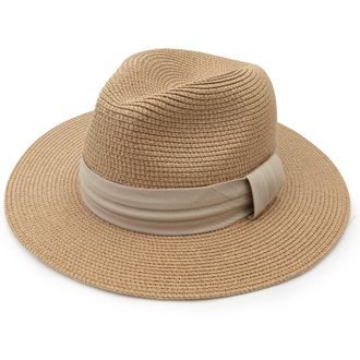 Dreshow Damen Panama Hut Fedora Strand Sonnenhut Breiter Rand Stroh Aufrollen Hut UPF 50+, Kopfumfang ca. 56-58 cm (22-23 Zoll)