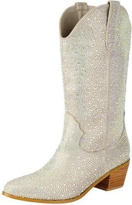 Generic Bottes mi-mollet avec strass étincelants pour femme - Bout pointu - Talon épais - Mode western, Argenté., 36.5 EU