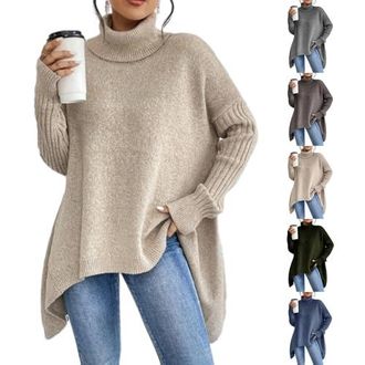 Generic Pull &agrave; col roul&eacute; de couleur unie pour femme, pull asym&eacute;trique &agrave; manches longues en tricot, robe sweat-shirt tendance, beige, XXL-6XL