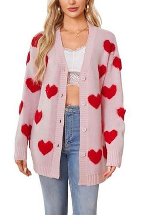 Generic Cardigan en tricot boutonn&eacute; &agrave; col en V en forme de coeur pour la Saint-Valentin 2026, rose, XL