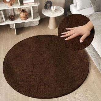 Tapiso Cuddle Rond Tapis Shaggy Antid&eacute;rapant Lavable Moderne Marron Uni Tapis Salon Chambre Enfant Descente de Lit Poils Longs Moelleux R&eacute;sistant Oeko-TEX 16