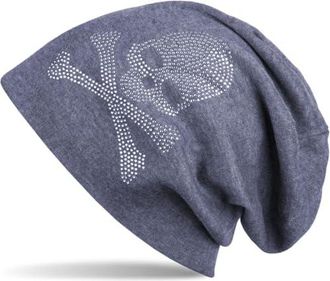 styleBREAKER Bonnet Classique avec Application en Strass en Forme de t&ecirc;te de Mort, Unisexe 04024034, Couleur:Bleu Jeans chin&eacute;, mat&eacute;riel:Chaud