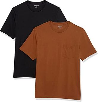 Amazon Essentials T-shirt coupe droite à encolure ronde et manches courtes, avec poche Homme, Lot de 2, Brun/Noir, XS