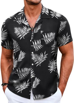 Coofandy Hawaii Hemd M&auml;nner Hemd Herren Kurzarm mit Taschen Hawaiihemd Freizeithemd Sommerhemd M&auml;nner Urlaub Party Hemd Strandhemd Schwarz Palmblatt XL