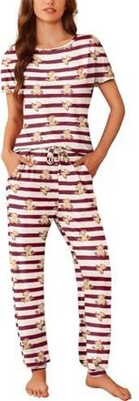 Ekouaer Ensemble de Pyjama pour Femme à Manches Courtes et Pantalon Long imprimé Mignon 2 pièces vêtements de Nuit avec Poches, Ours en Peluche Bandes Rouges,
