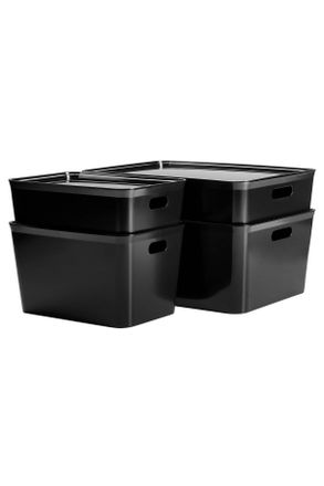 Homeware Aufbewahrungsboxen-Set, Schwarz, Kunststoff, Uni, Deckel abnehmbar, stapelbar, lebensmittelecht, Ordnen & Aufbewahren, Aufbewahrungsboxen, Stapelboxen