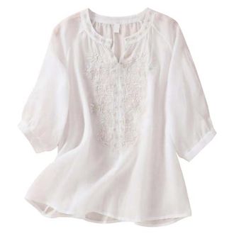 Generic Chemisier Coton et Lin Manches Courtes pour Femme Blouses Ample Col Rond Tunique D&eacute;t&eacute; Boh&egrave;me Folklore Vintage Broderie Top Hauts L&acirc;che Respirant T-Shi