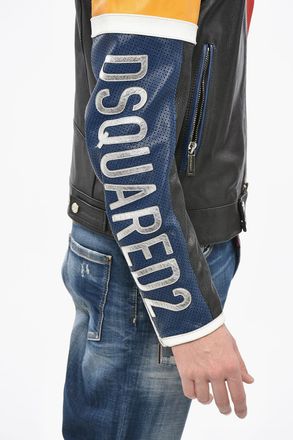 Dsquared2 CATEN Leather Motorbiker Jacket with Metallic Leather Detail Dsquared2