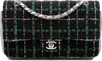 Chanel 2017-2018 mittelgro&szlig;e Classic Quilted Schultertasche aus Tweed und Metallic-Lammleder mit Double Flap - Schwarz