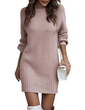 Generic Mini robe pull &agrave; col roul&eacute; et manches longues en tricot c&ocirc;tel&eacute; chaud extensible et manches chauve-souris surdimensionn&eacute;e pour lhiver, rose, XXL