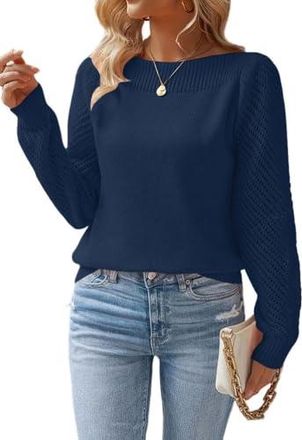 ORANDESIGNE Pull Femme Hiver Pull Chic et Elegant Pulls Tricot Leger Pulls Col Bateau Manches Longues avec Découpes A Marine XL