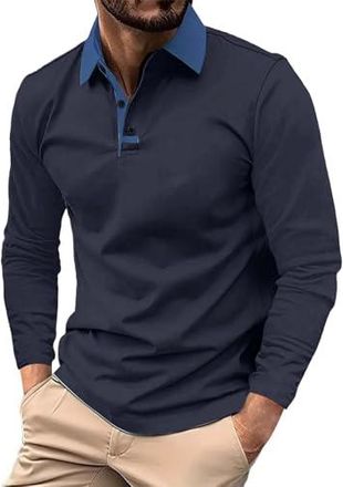 Generic Polo &agrave; manches longues pour homme, coupe classique, respirant, s&eacute;chage rapide, entra&icirc;nement, gym, sport, t-shirt d&eacute;contract&eacute; &agrave; col, Z01-Bleu fonc&eacute;, L