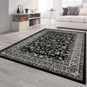 Vimoda Orient Teppich grau schwarz klassisch dicht gewebt mit Ornament und Blumenmotiven, Ma&szlig;e:&Oslash; 160 cm Rund