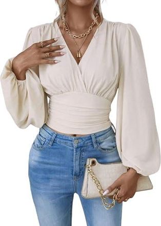 Generic Chemisier court plissé à col en V profond pour femme - Manches longues - Haut froncé - Couleur unie - Style vintage - Coupe ajustée, beige, M