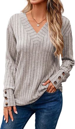 Dokotoo Pullover Damen V-Ausschnitt Langarmshirt Leichte Strickpullover Herbst L&auml;ssige Oberteile Pulli Tops mit Knopf, pergament, S