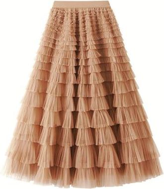 Generic Jupe longue pliss&eacute;e en mousseline de soie pour femme - Jupe tutu &agrave; volants - Longueur mollet - Taille haute, kaki, M