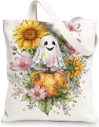 Generic Sacs fourre-tout en toile avec motif fantôme mignon, sacs réutilisables en lin dautomne vintage légers et lavables pour voyage, plage, pique-nique, 33