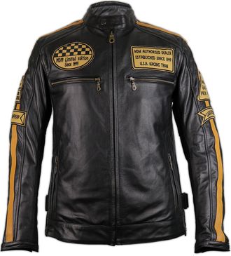 MDM Herren Motorrad- Retro Lederjacke aus echtem Rinds Leder, schwarz, Braune Racing Streifen (Gr. 3XL)