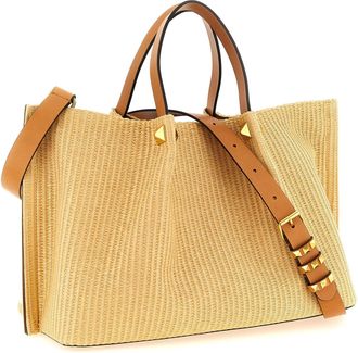 Valentino Garavani Floral-Embroidered Woven Raffia Tote Bag - Beige
