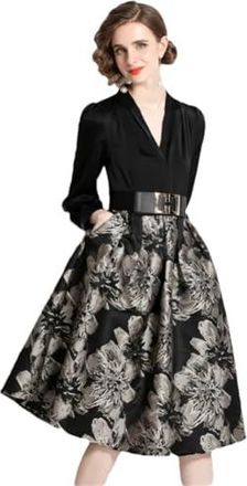Generic Robe jacquard &agrave; manches longues pour femme - Robe de cocktail vintage patchwork A Line, Noir, L