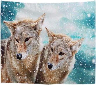 A.Monamour Wanddekor Wandbild Vorhang Wandteppiche Zwei Wölfe Im Kalten Winter Weißen Schnee Blauen Himmel Tier Tier Print Textilgewebe Wandbehang Wanddekore Vor