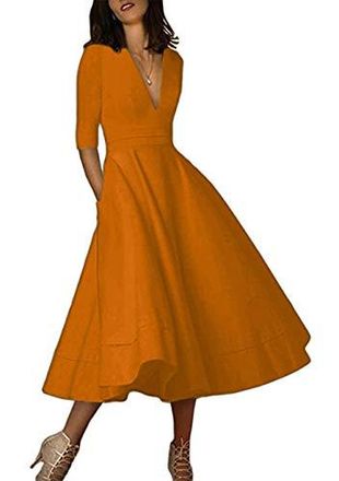 ORANDESIGNE Femme Robe de Cocktail Vintage Business Manches 3/4 Robe Col V Swing Soirée A-Line Robe Midi Élégant Bronze 44