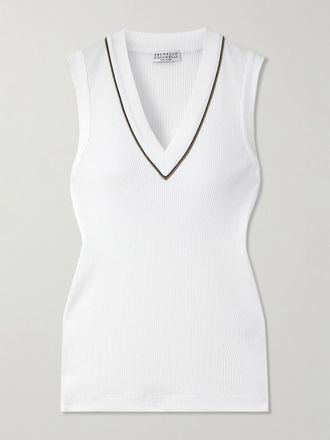 Brunello Cucinelli Tanktop Aus Einer Gerippten Baumwollmischung Mit Zierperlen - Wei&szlig;