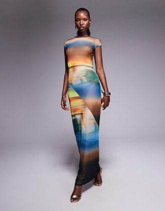 AFRM Robe longueur mollet en power mesh avec imprimé océan effet dégradé-Multicolore