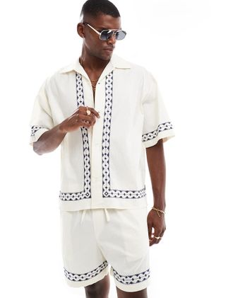 Jack & Jones Chemise densemble imprimée en lin - Crème-Blanc