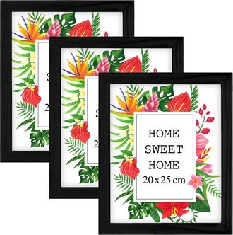 MG Design Set aus 3 Schwarz Bilderrahmen 20 x 25 cm - Aus echtem Holz mit Acrylglas, zum Aufhängen & Aufstellen, für Fotos, Poster & Puzzle