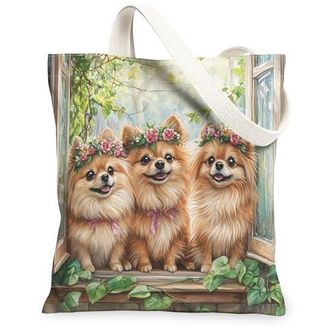 Generic Sac fourre-tout en toile pour faire du shopping, 33 x 38,1 cm, motif de chien pom&eacute;ranien de printemps, sac r&eacute;utilisable &agrave; motif imprim&eacute; de plantes en 