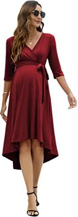 KOJOOIN Robe de maternité pour Femme Robe dallaitement Festive Col en V Manches 3/4 Robe de maternité avec Ceinture,Vin Rouge (3/4 Manches),XXL