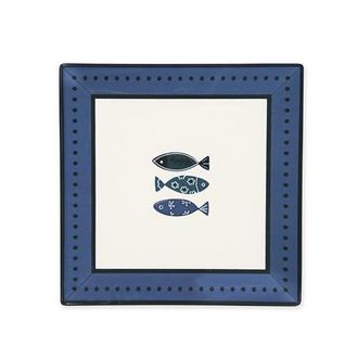 Excelsa Ocean, Set mit 6 Keramiktellern, 24 x 24 cm, Dekoration Fische Blau, rechteckig