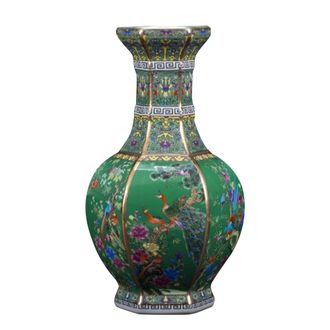 Ori&euml;ntique Chinesische Vase Porzellan Blumen V&ouml;gel Gr&uuml;n D19xH32cm China Dekorative Blumenvase Orientalische