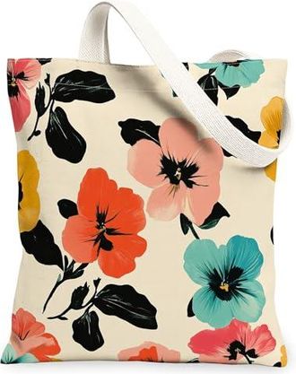 Generic Sac fourre-tout en toile r&eacute;utilisable pour le shopping, 33 x 38 cm, motif floral r&eacute;tro vintage pour femme, esth&eacute;tique, plage, peinture esth&eacute;tique, d&eacute;c