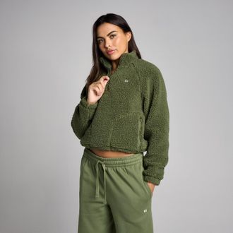 MyProtein MP Cropped Borg Fleece f&uuml;r Damen mit 1/4 Rei&szlig;verschluss - Olivgr&uuml;n verwaschen - XXL