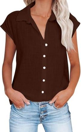 Generic Haut en lin pour femme 2026 d&eacute;contract&eacute;, couleur unie, respirant, boutonn&eacute;, chemisiers amples &agrave; manches courtes, tunique de travail, caf&eacute;, XXL