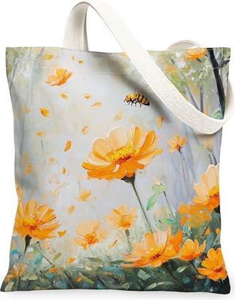 Generic Sac fourre-tout en toile pour le shopping 33 x 38 cm, motif fleurs de for&ecirc;t, abeilles, sac d&eacute;picerie r&eacute;utilisable pour femme, peinture de voyage flora